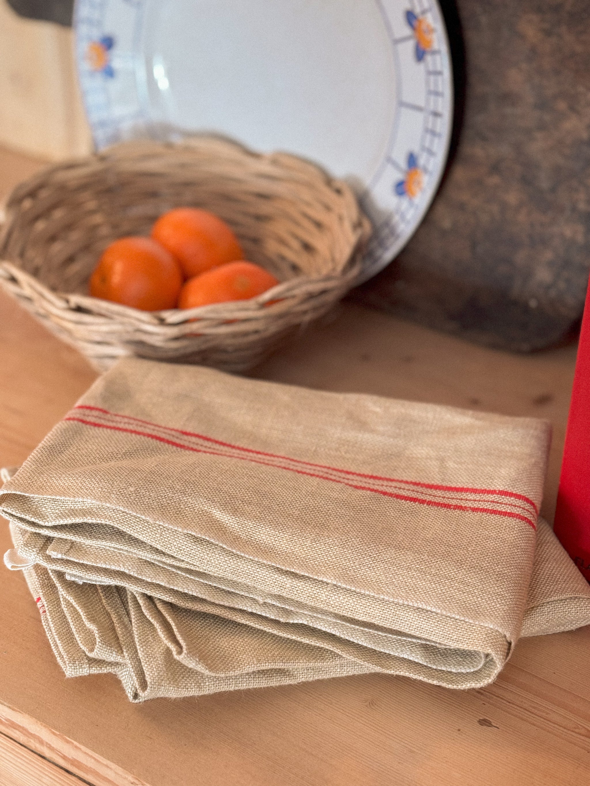 Vintage French Hemp Torchon with Red Stripes